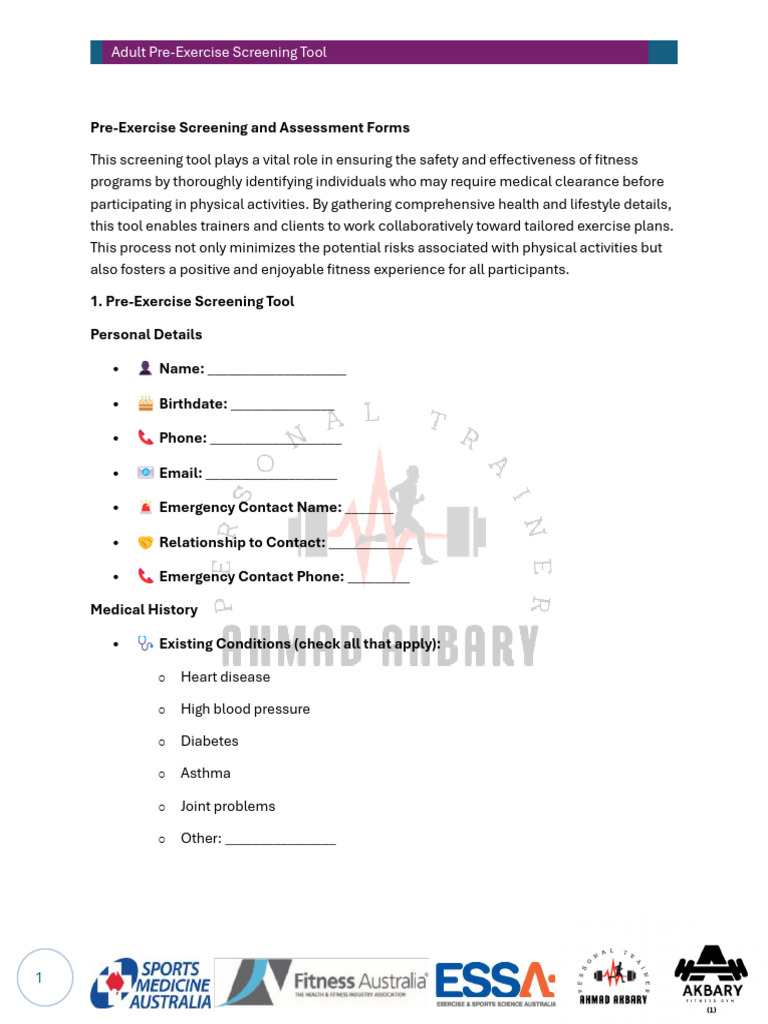 Adult Pre-Exercise Screening Tool | PDF | Physical Fitness | Screening ...