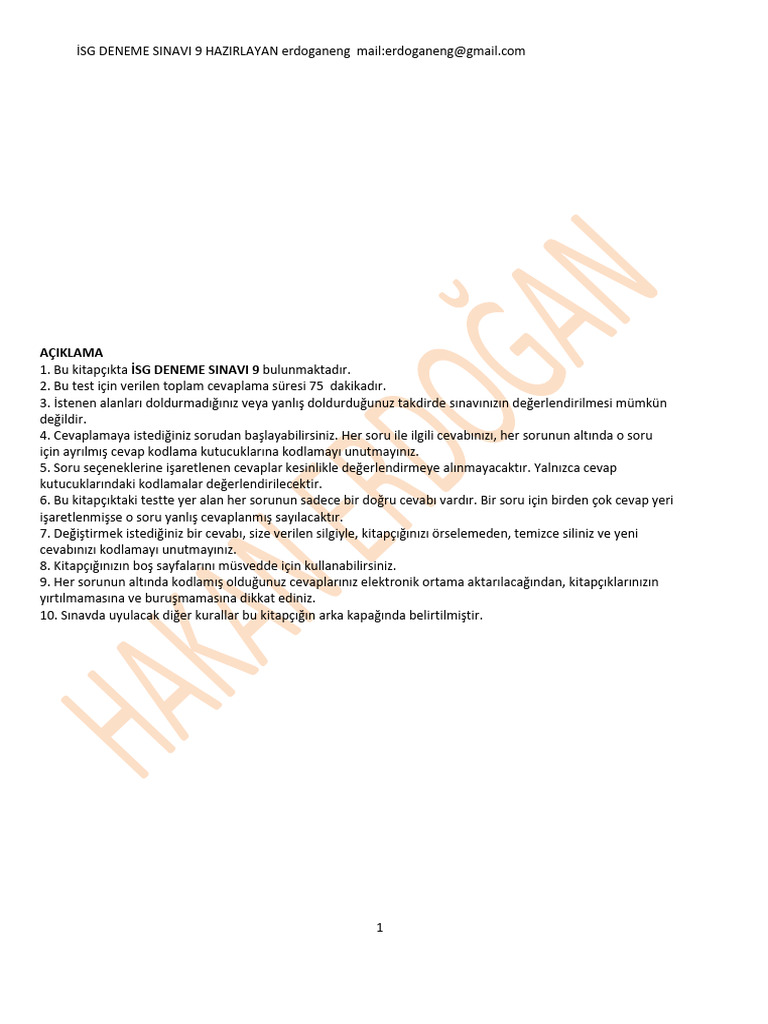 ISG SINAVLARI DENEME SINAVI STS 9 SORU Ve CEVAPLARI 2024 | PDF