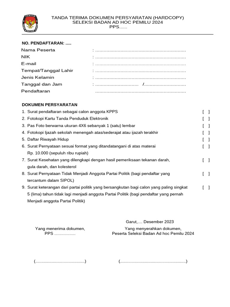 Tanda Terima Dokumen Persyaratan KPPS | PDF
