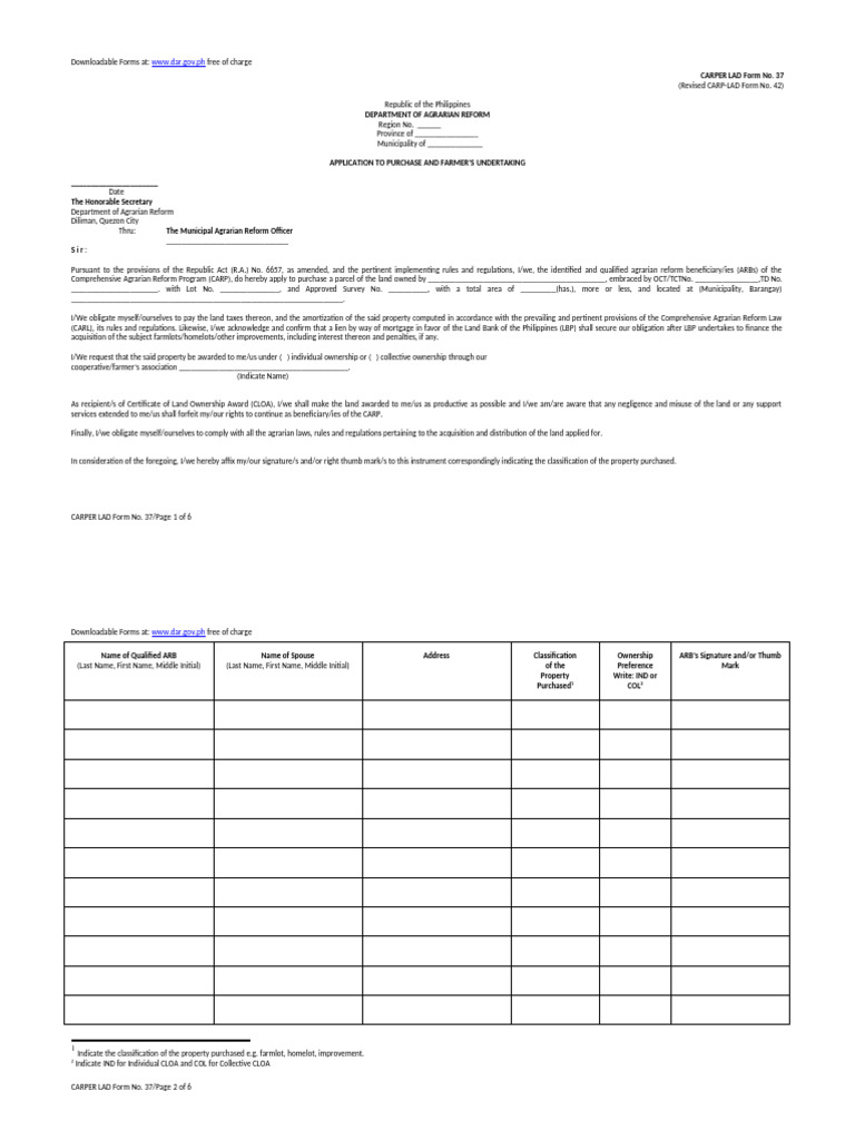 CARPER LAD Form No. 37 Application | PDF | Private Law | Civil Law ...