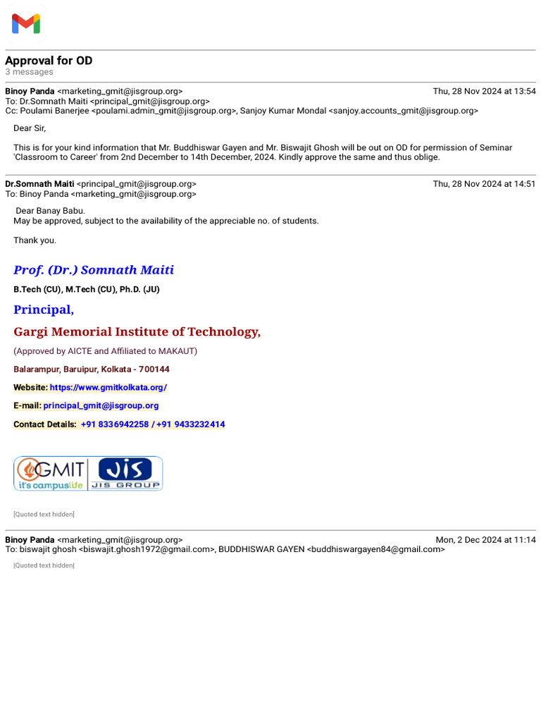 Gmail - Approval For OD | PDF