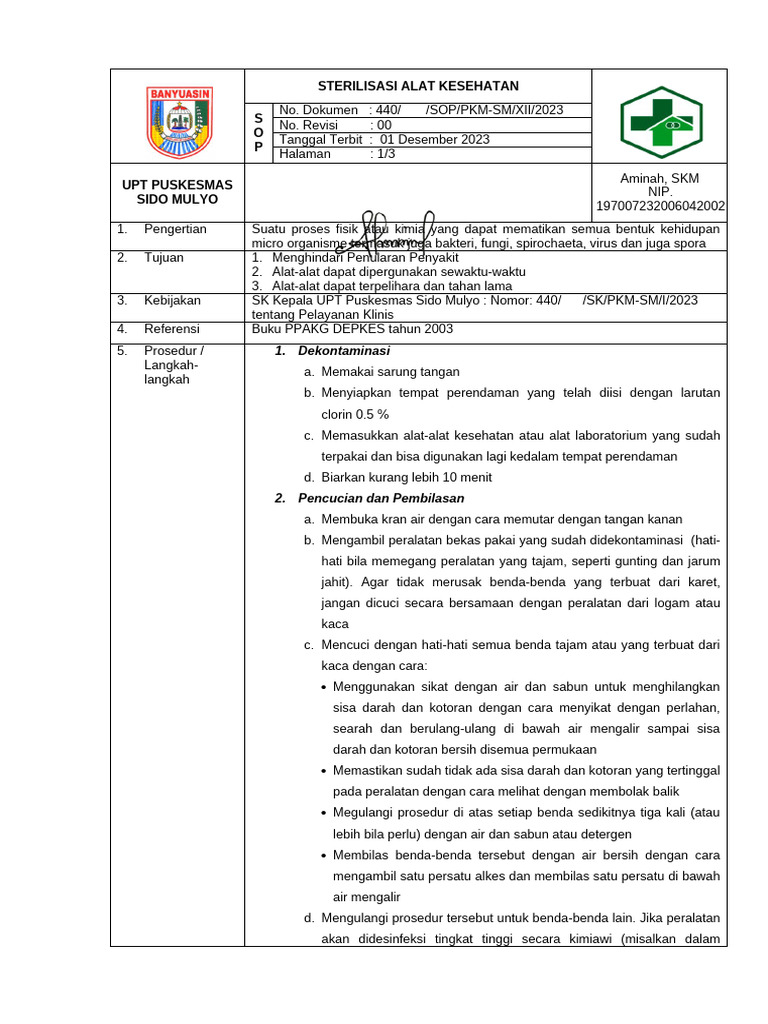 SOP-Sterilisasi-Alat-Kesehatan Sido Mulyo | PDF