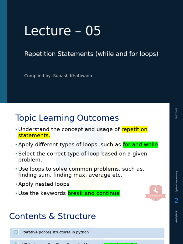 Week 05 Looping Statements For Loop While Loop And Nested Loop
