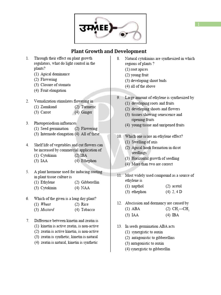 Plant Growth and Development _ Full Chapter Practice Sheet | PDF ...