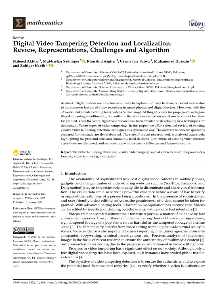 12digital Video Tampering Detection and Localization Review, Representations, Challenges and ...