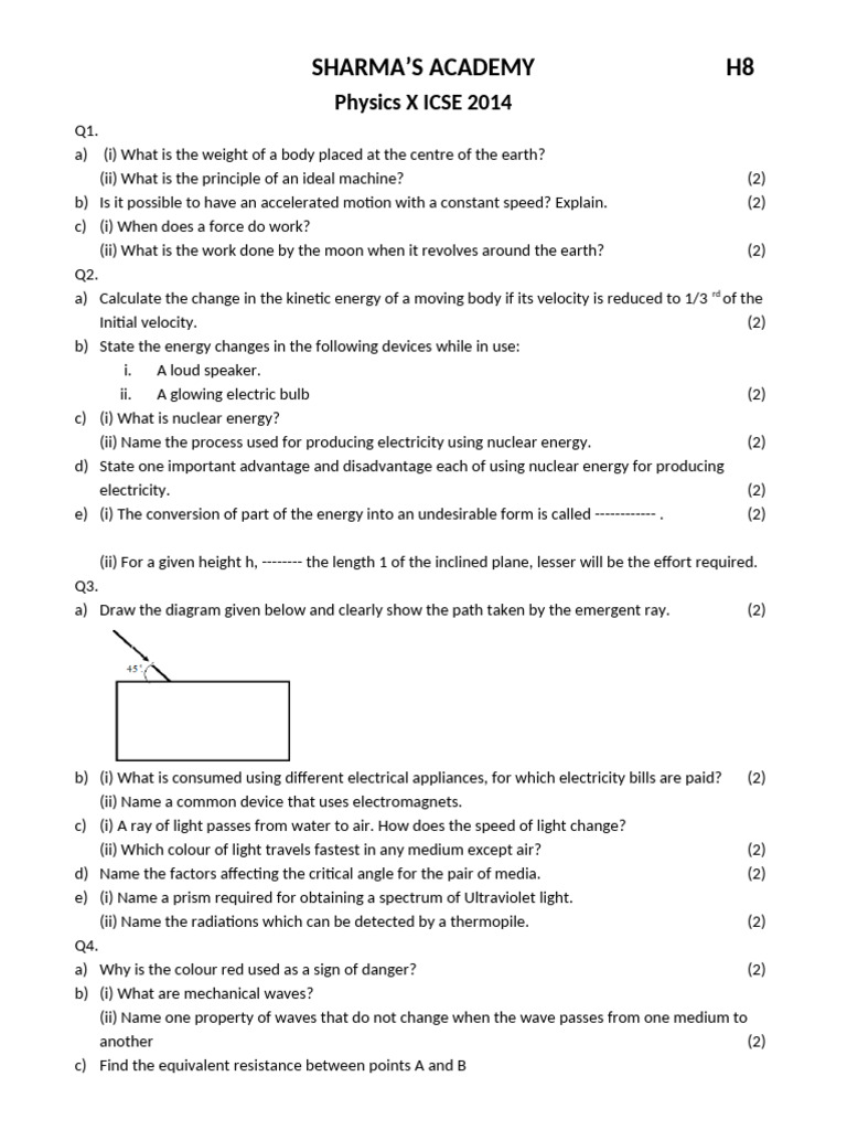 H9 Physics ICSE X STD Paper 2014 | PDF | Waves | Electrical Resistance And Conductance