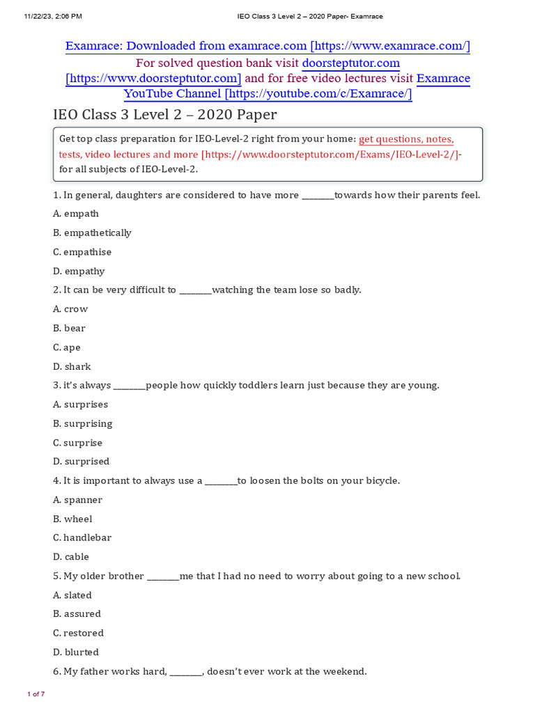 IEO Class 3 Level 2 Exam Paper 2020 | PDF | Doha
