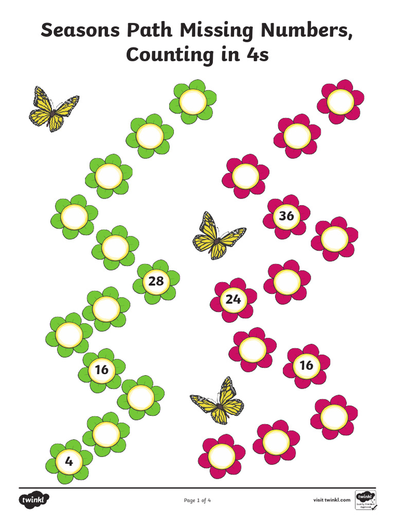 T T 289755 Seasons Path Missing Numbers Counting in 4s Worksheet - Ver ...