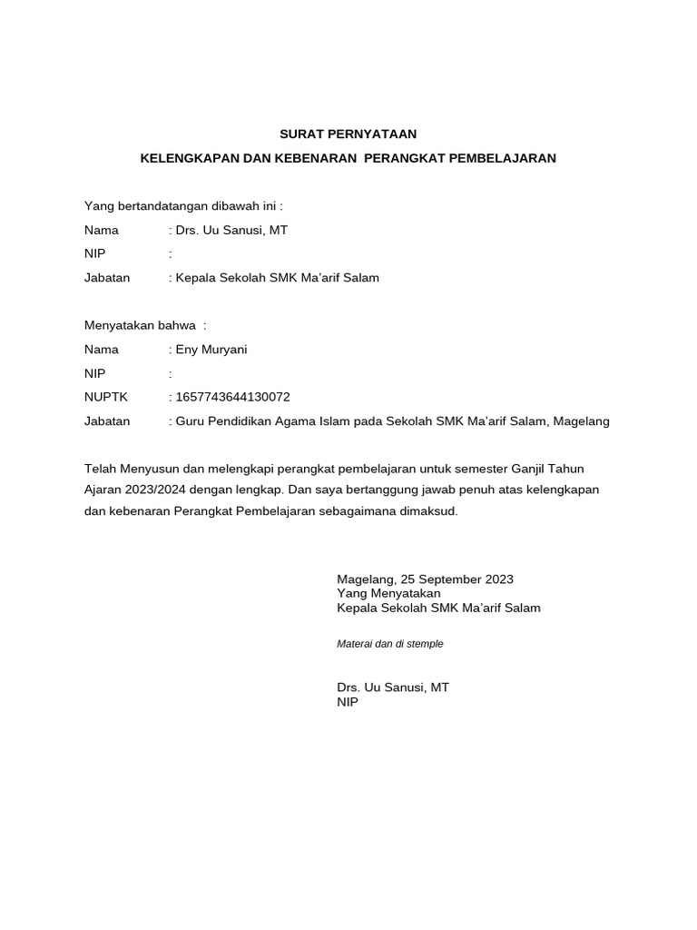 SURAT PERNYATAAN BU ENY | PDF