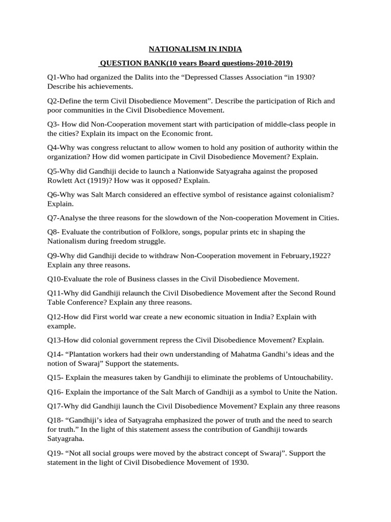 class 10th Nationalism in India Question Bank | PDF | Mahatma Gandhi ...