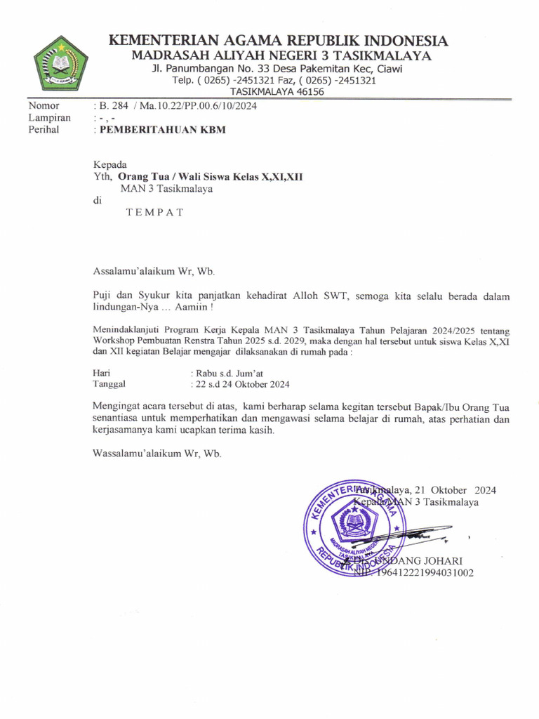 Pemberitahuan KBM | PDF