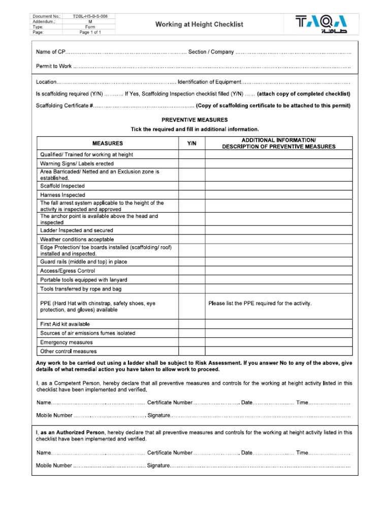 Work at Height Checklist | PDF