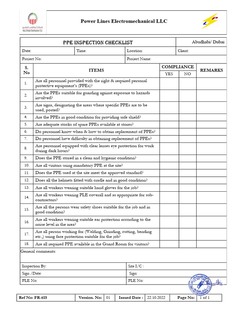 17 ADDC-PPE Inspection Checklist | PDF | Personal Protective Equipment ...
