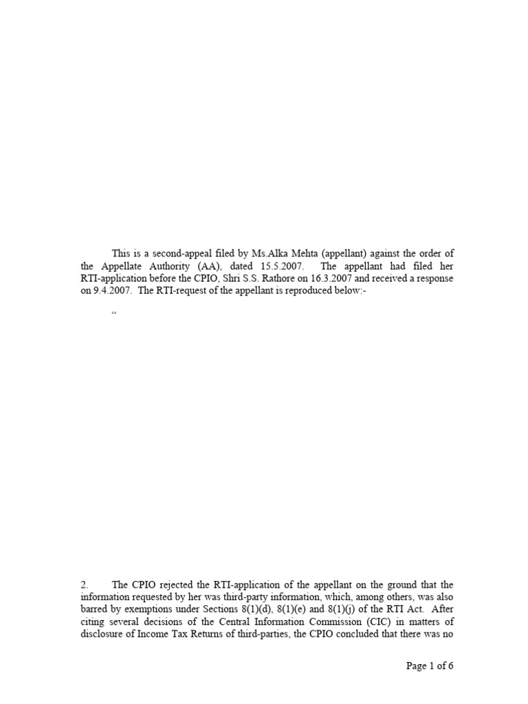 Ms-Alka-Mehta-RTI-Judgments | PDF | Taxes | Appeal
