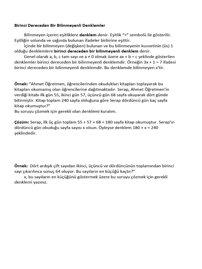 11 - Birinci Dereceden Bir Bilinmeyenli Denklemler | PDF
