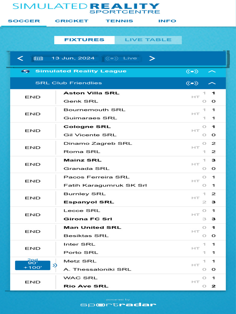 Simulated Reality League Fixtures Live | PDF | Association Football Clubs