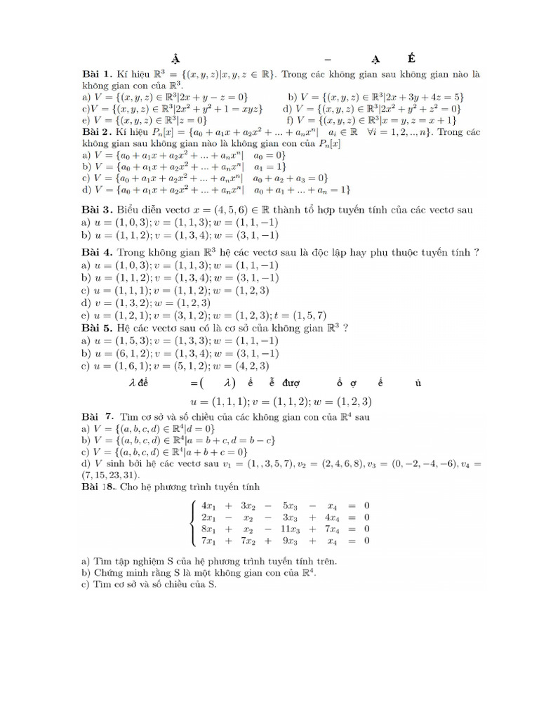 BÀI TẬP KHÔNG GIAN VECTOR AXTT | PDF