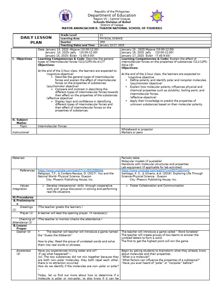 LESSON PLAN WEEK 3 | PDF | Chemical Polarity | Chemical Bond