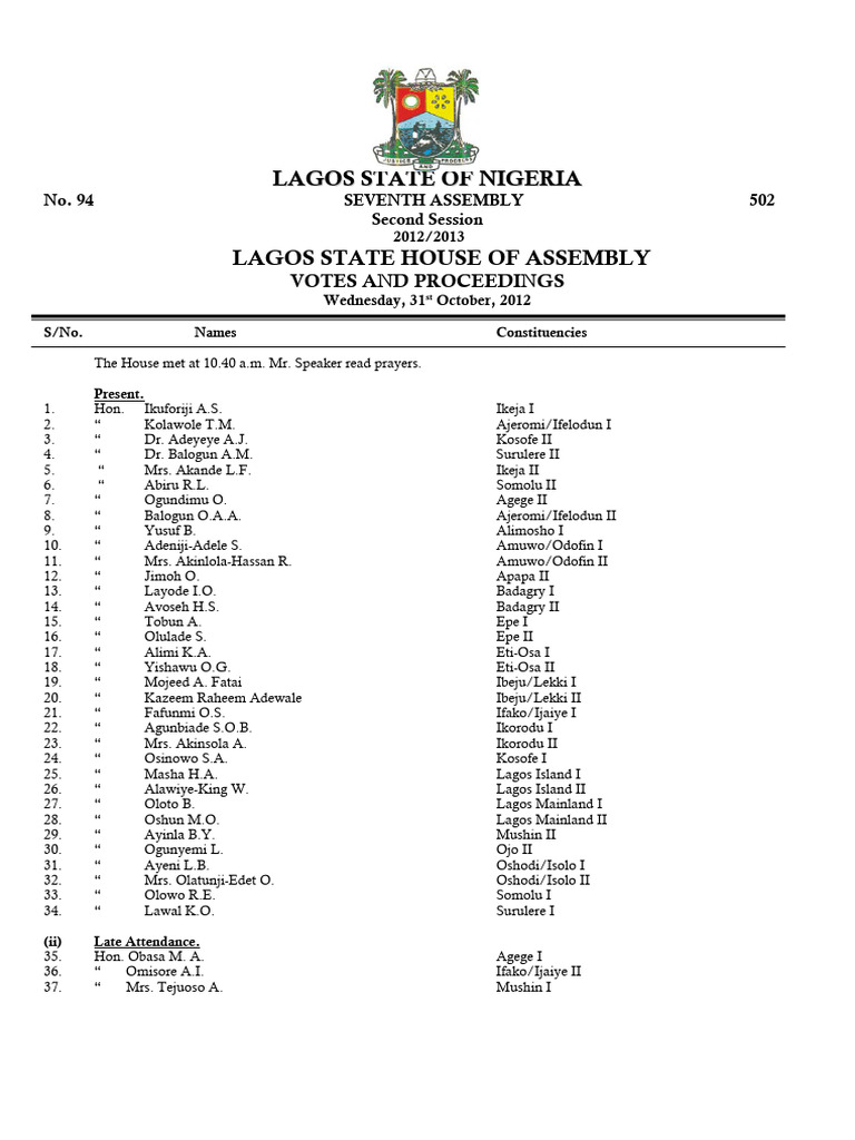 Lagos Assembly Members and Contacts | PDF | United States House Of ...