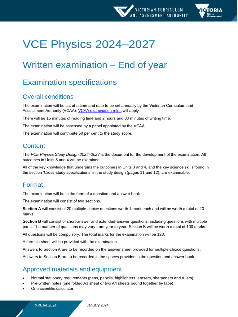 VCE Physics Exam Specs 2024-2027 | PDF | Multiple Choice
