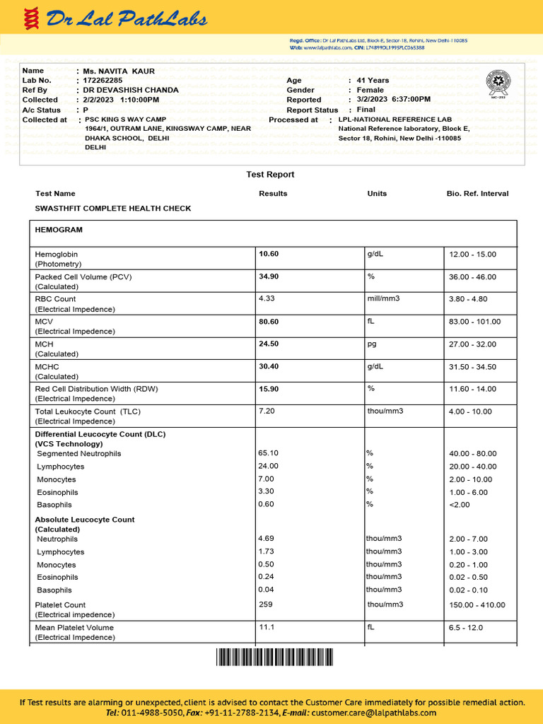 Complete Health Check Report for Navita Kaur | PDF | Low Density ...