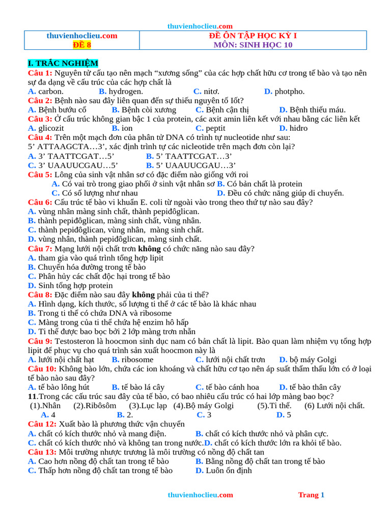 De On Tap HK1 SINH 10 KNTT de 8 | PDF