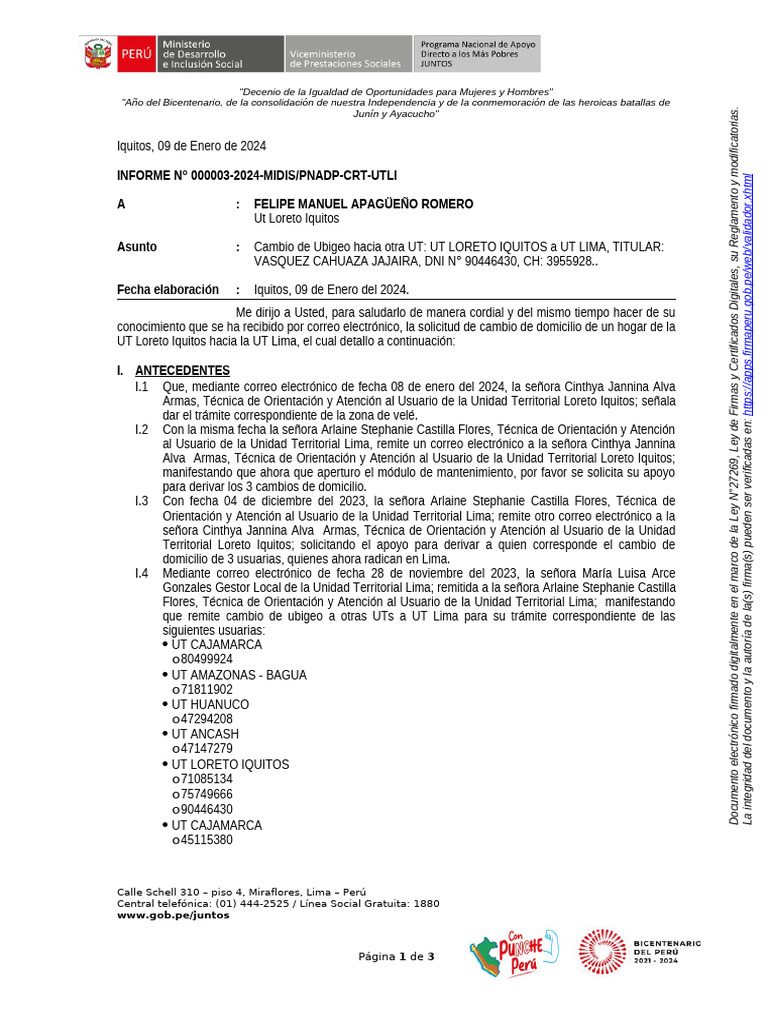 Informe #000003-2024-Midis-Pnadp-Crt-Utli - Cambio de Ubigeo Vasquez Cahuaza Jajaira | PDF | Lima