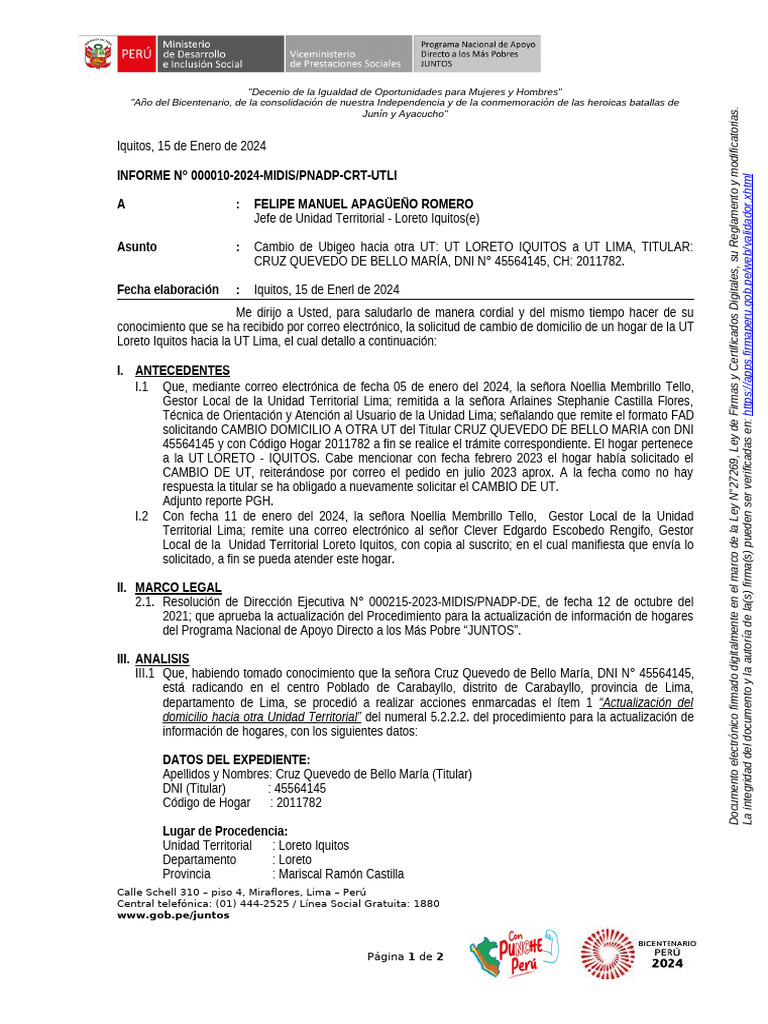 Informe #000010-2024-Midis-Pnadp-Crt-Utli - Cambio de Ubigeo Cruz Quevedo de Bello Maria | PDF ...