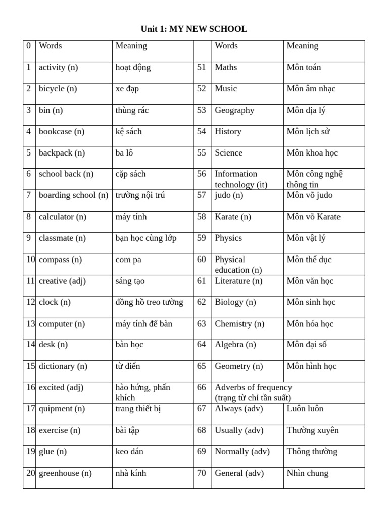 Unit 1 - Vocab - My New School | PDF