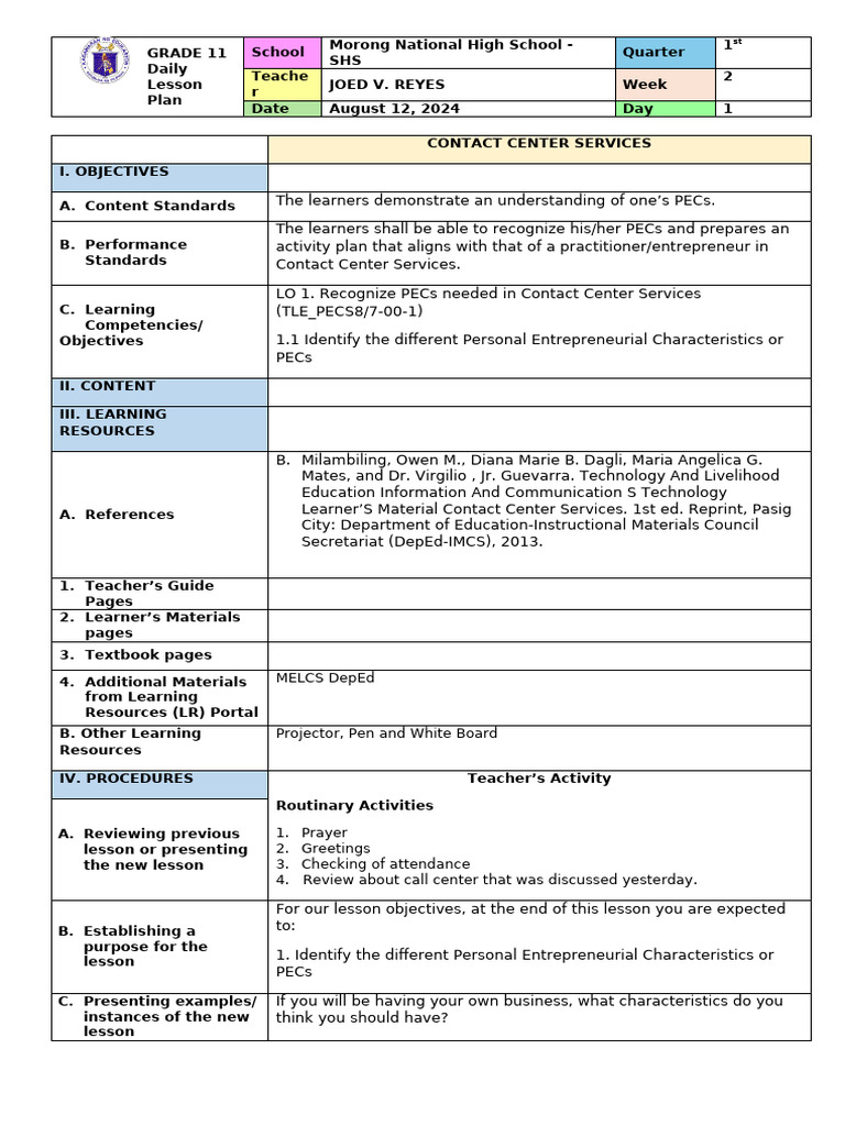 Contact Center Services (DLP-W2D1) | PDF | Entrepreneurship | Goal