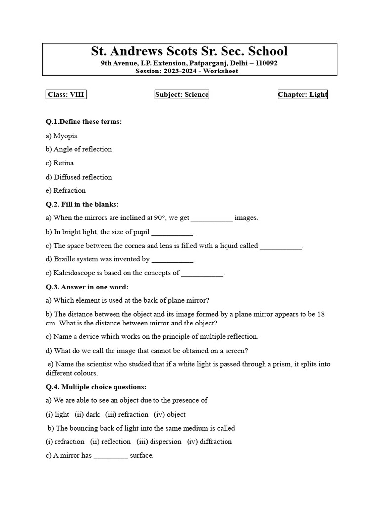 Class 8 Science: Light Worksheet | PDF