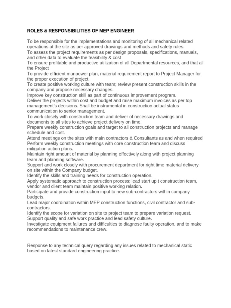 MEP Engineer Roles and Responsibilities | PDF | Business