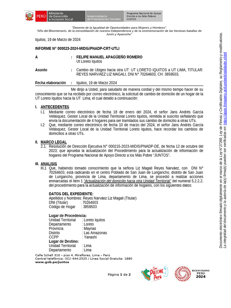 INFORME N° 000023-2024-MIDIS-PNADP-CRT-UTLI_CAMBIO DE UBIGEO REYES NARVAES LIZ MAGALI | PDF