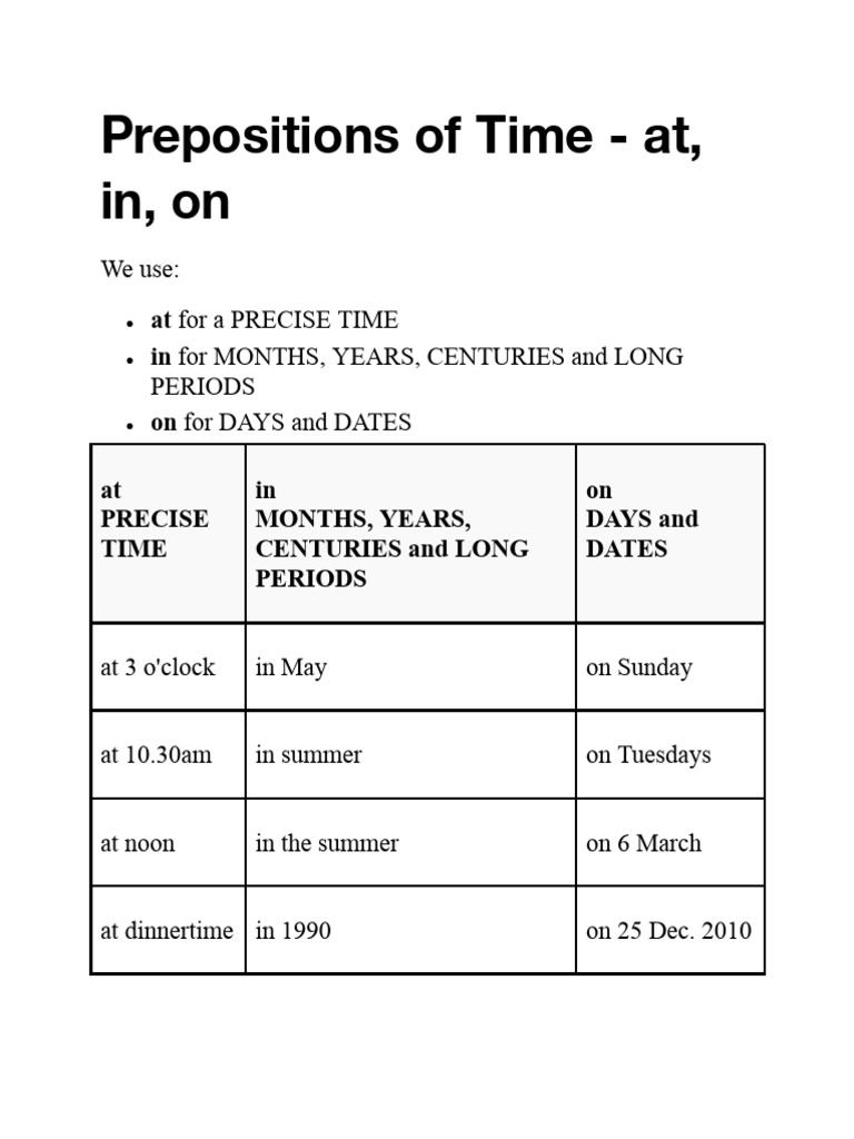 Prepositions of Time | PDF