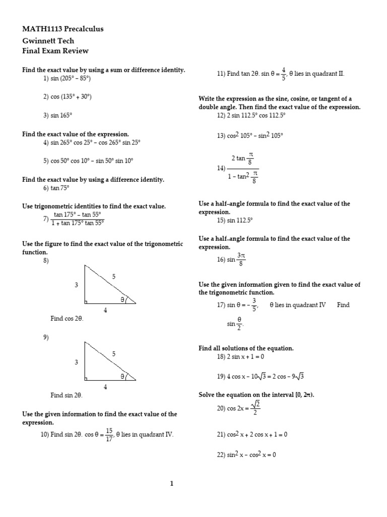 MATH1113 Final Exam Review Guide | PDF | Trigonometric Functions ...
