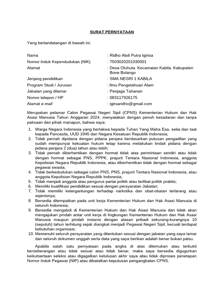 Surat Pernyataan Ridho | PDF