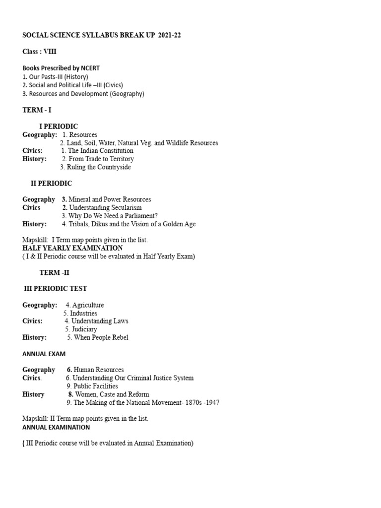 VIII Social Science Syllabus 202-22 | PDF