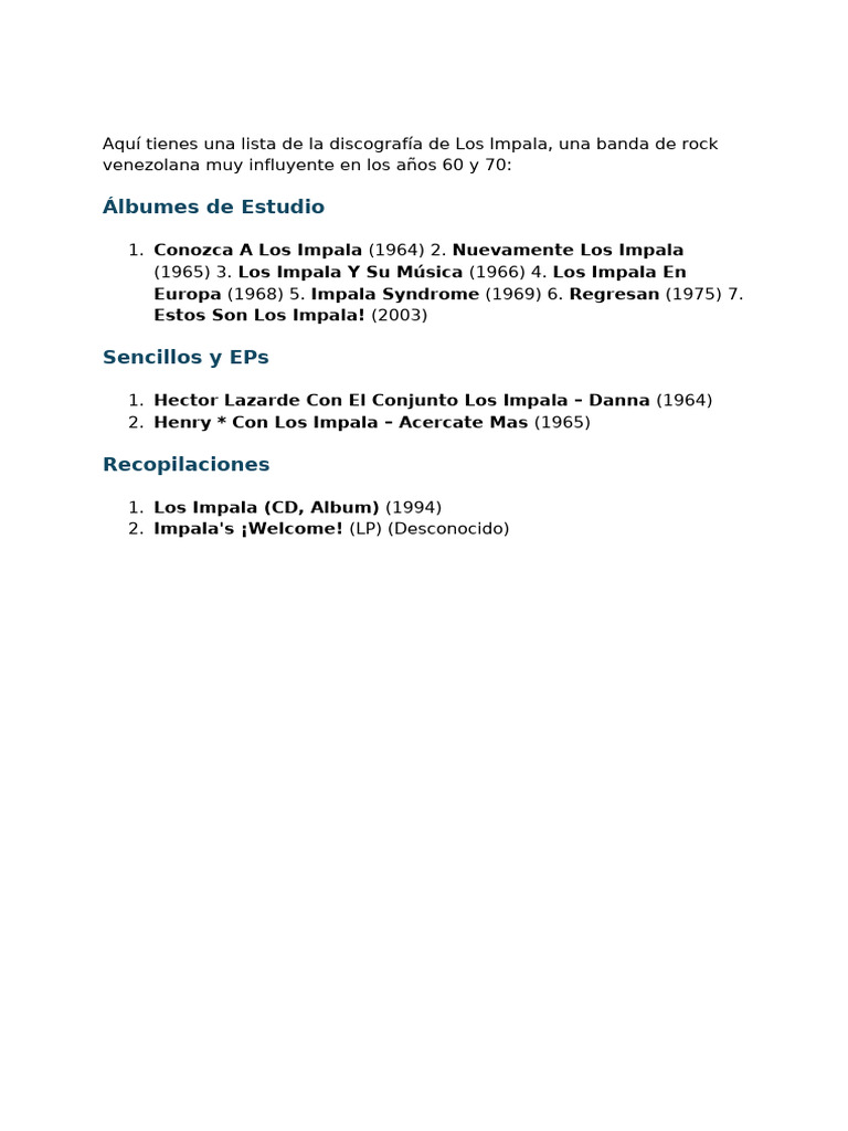 Discografía de Los Impala: Álbumes y Sencillos | PDF