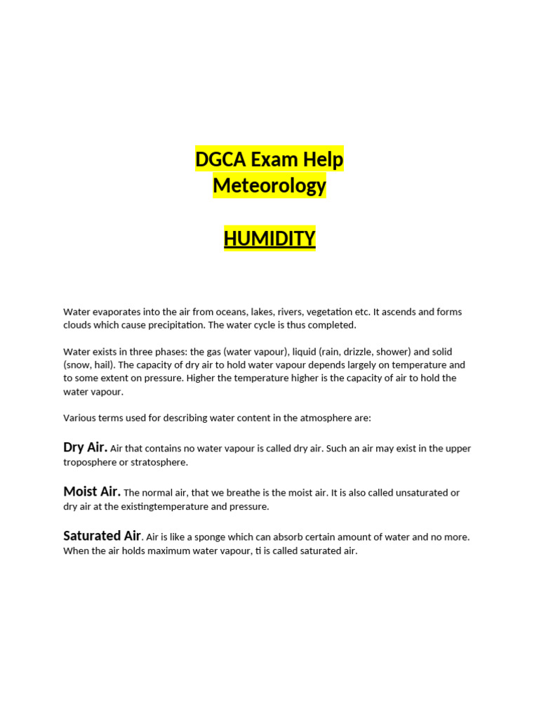 DGCA Exam Help Humidity 2024 | PDF | Water Vapor | Atmosphere Of Earth