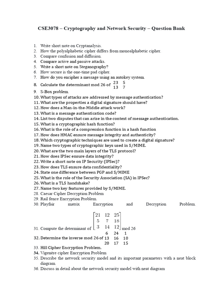 CSE3078_Question Bank | PDF | Cryptography | Encryption