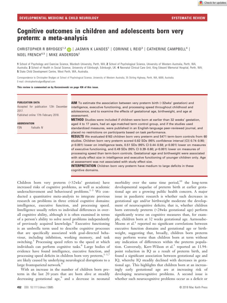Develop Med Child Neuro - 2018 - Brydges - Cognitive Outcomes in Children and Adolescents Born ...