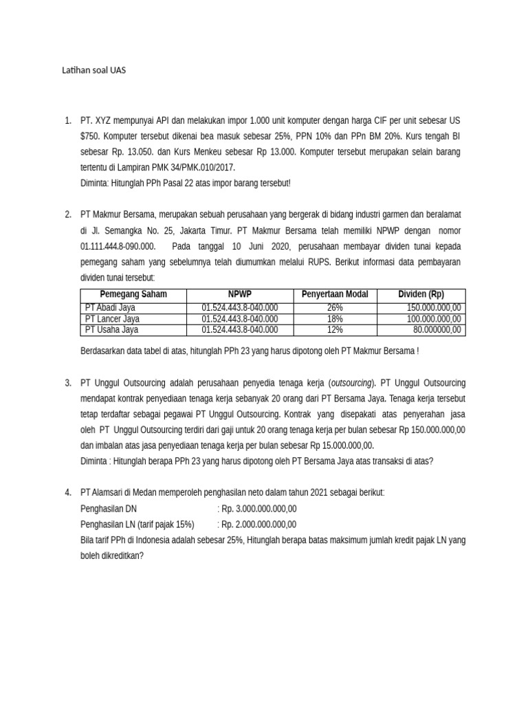 Latihan Soal UAS Perpajakan | PDF