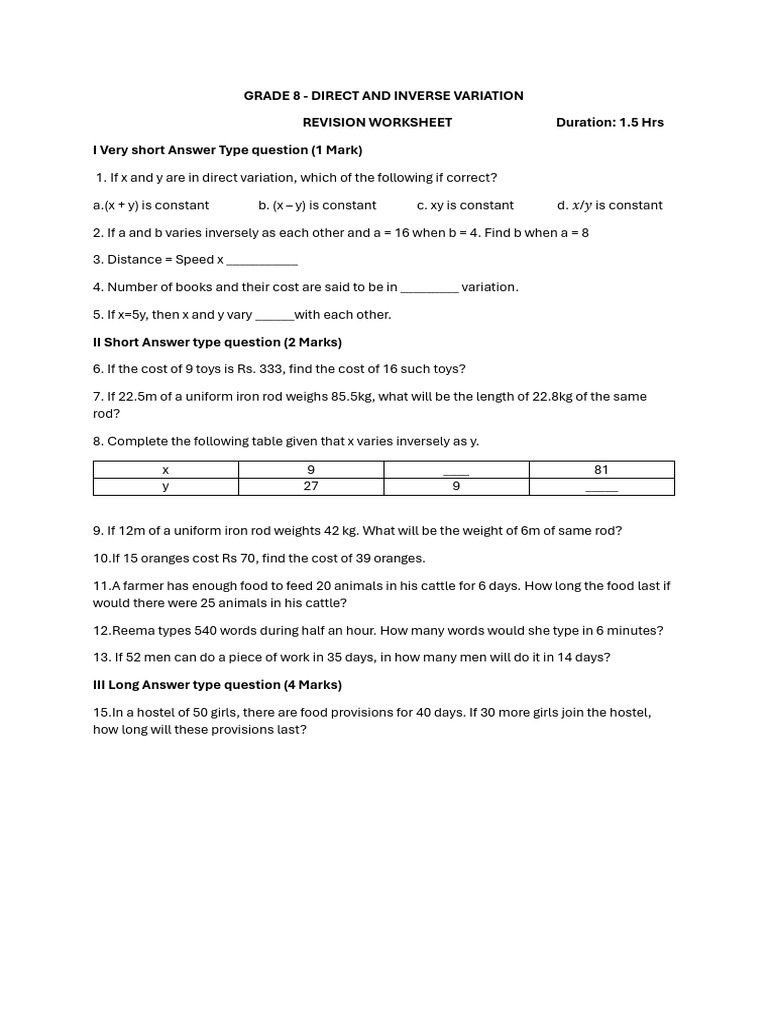 GRADE 8 - Variations - Revision Worksheet | PDF