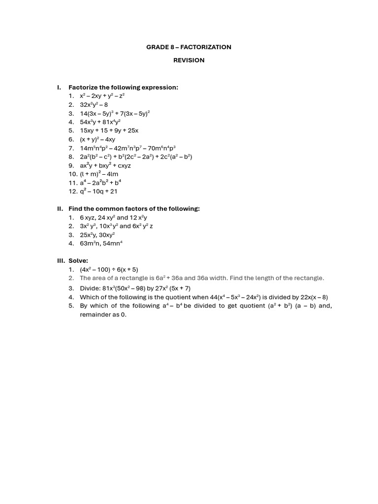 GRADE 8 - Revision - Factorization | PDF