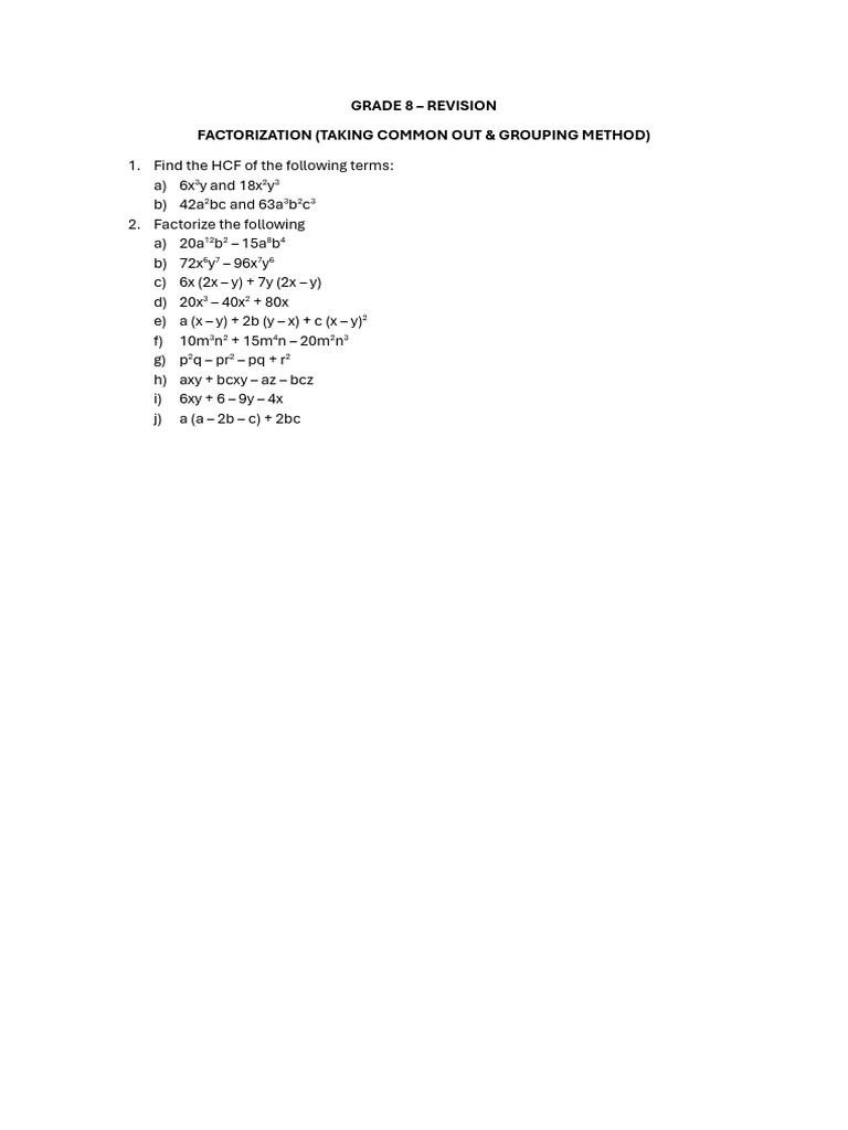 GRADE 8 - Factorization Revision | PDF