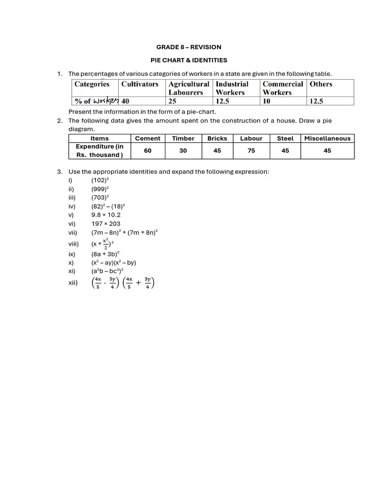 GRADE 8 - Revision - Pie Chart & Identities | PDF