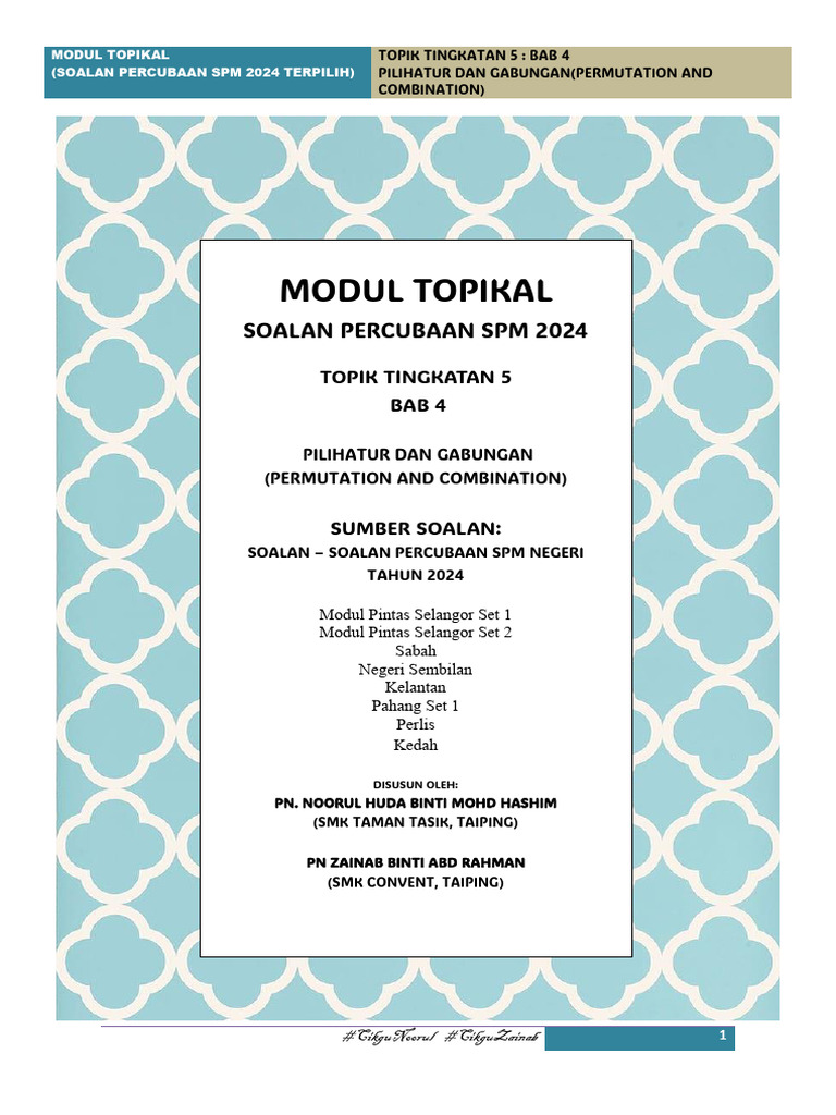 t5 Bab 4 Permutation and Combination (PSPM 2024) - Soalan | PDF