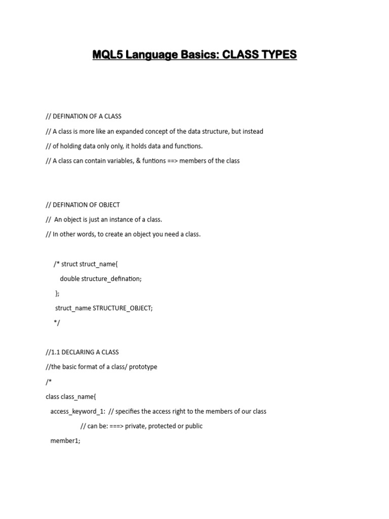 MQL5 Language Basics CLASS TYPES | PDF | Class (Computer Programming) | Constructor (Object ...