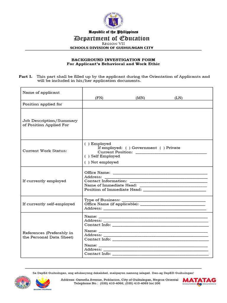 Background Investigation Form for Applicants | PDF | Background Check