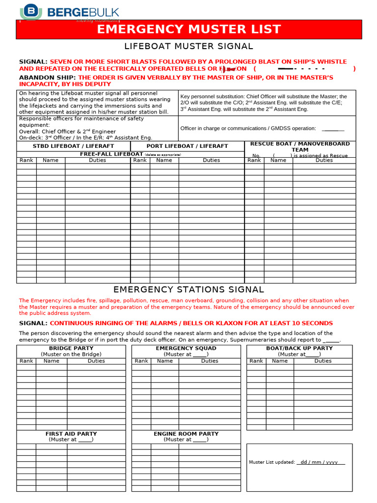 SAF-09 Emergency Muster List | PDF | Water Transport | Watercraft
